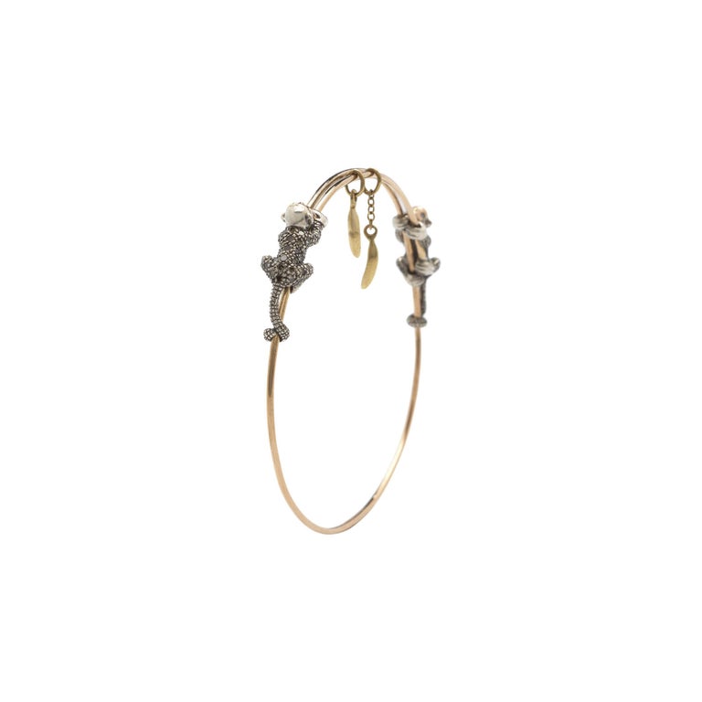 18K Rose Yellow Gold Brown Diamond Monkey and Banana Bangle Bracelet ...