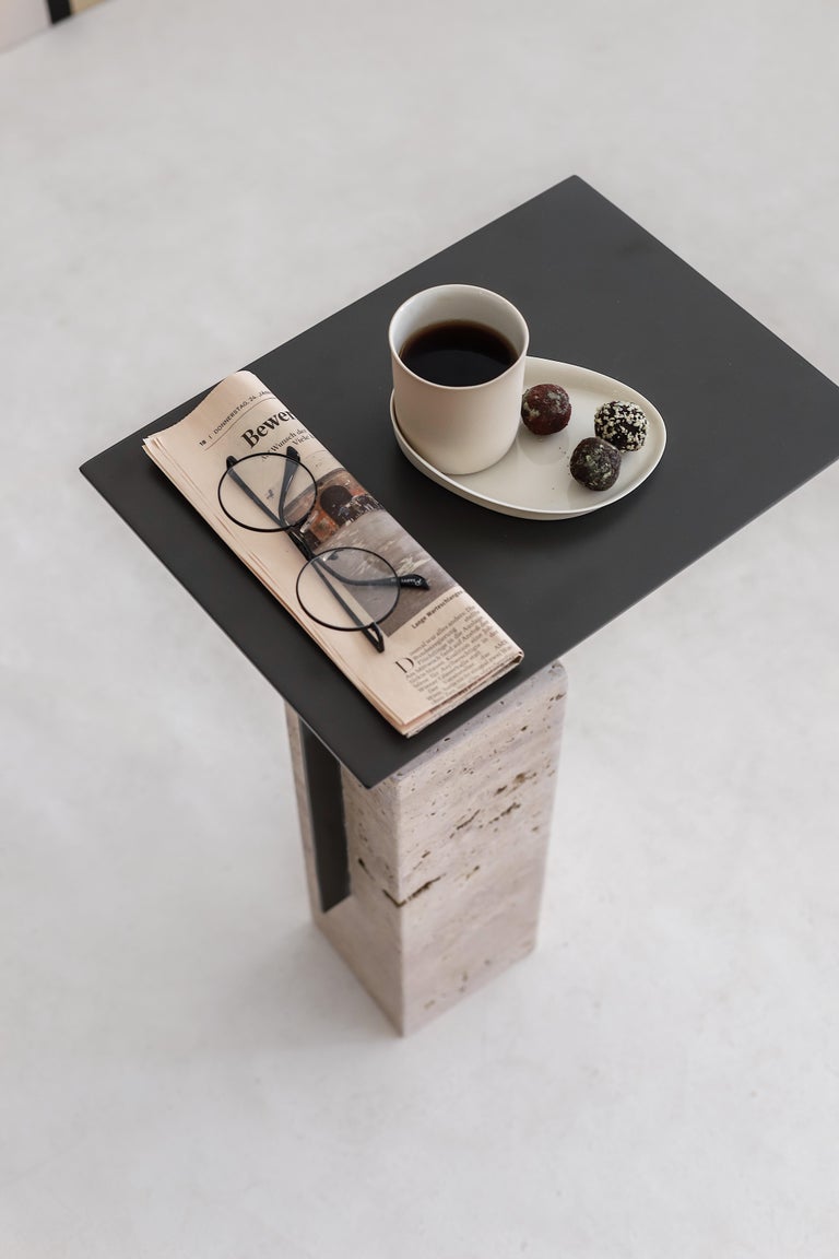 Mono Side Table Combining Travertine and Metal Modern Look - Dark Grey ...