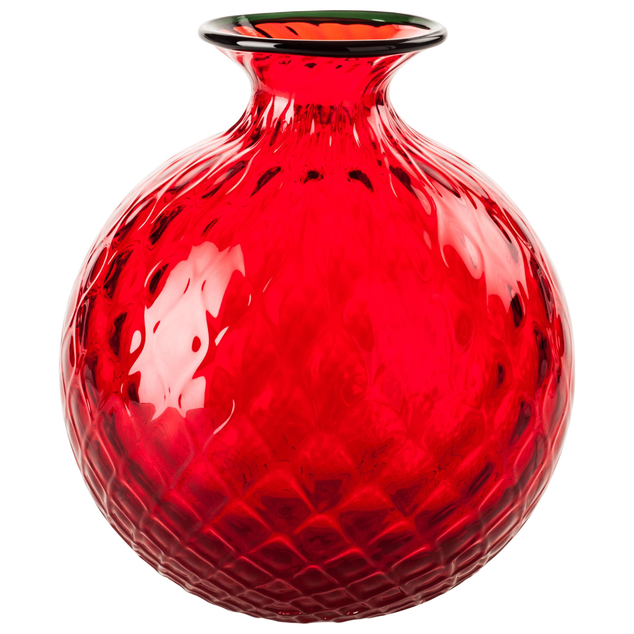 Monofiore Balaton Glass Vase in Red with Green Thread Rim by Venini For ...