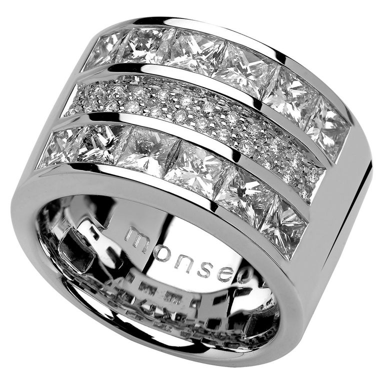 Monseo Triple Line Diamond Large White Gold Ring For Sale at 1stDibs