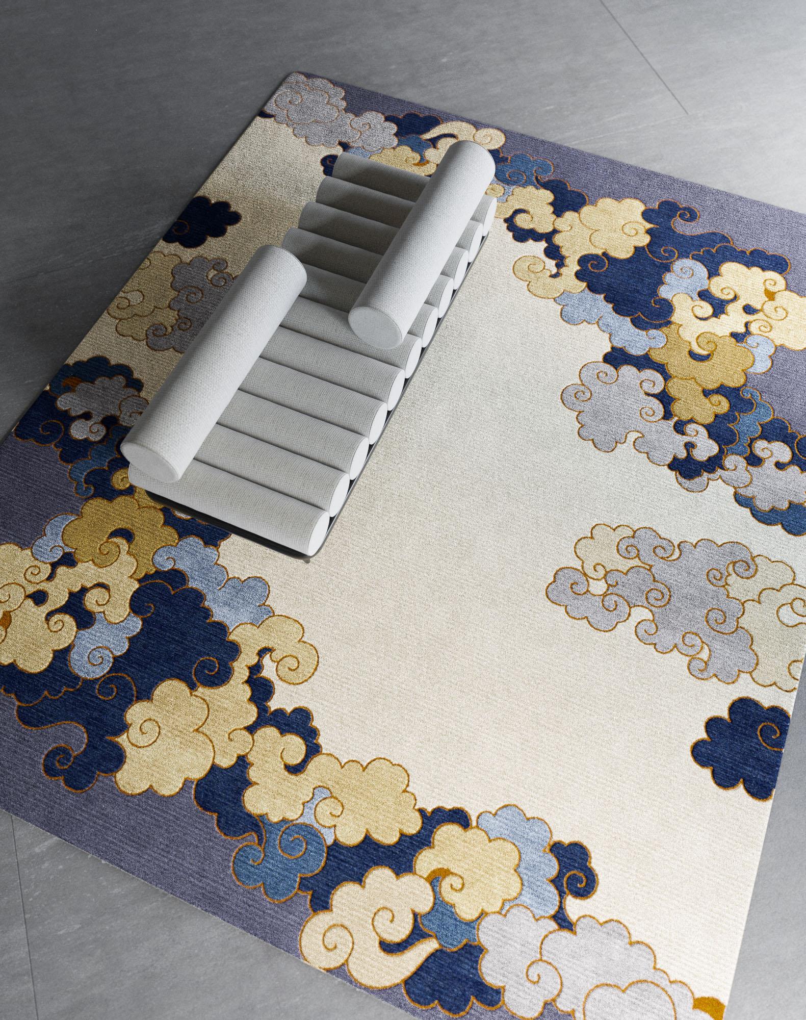 Blue Beige Chinoiserie Rug Hand Knotted Wool Silk - Monsoon Season Gold ...
