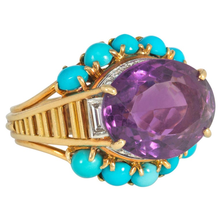 Monture Cartier Mid-Century Amethyst, Turquoise, Diamond Ring in 18k ...