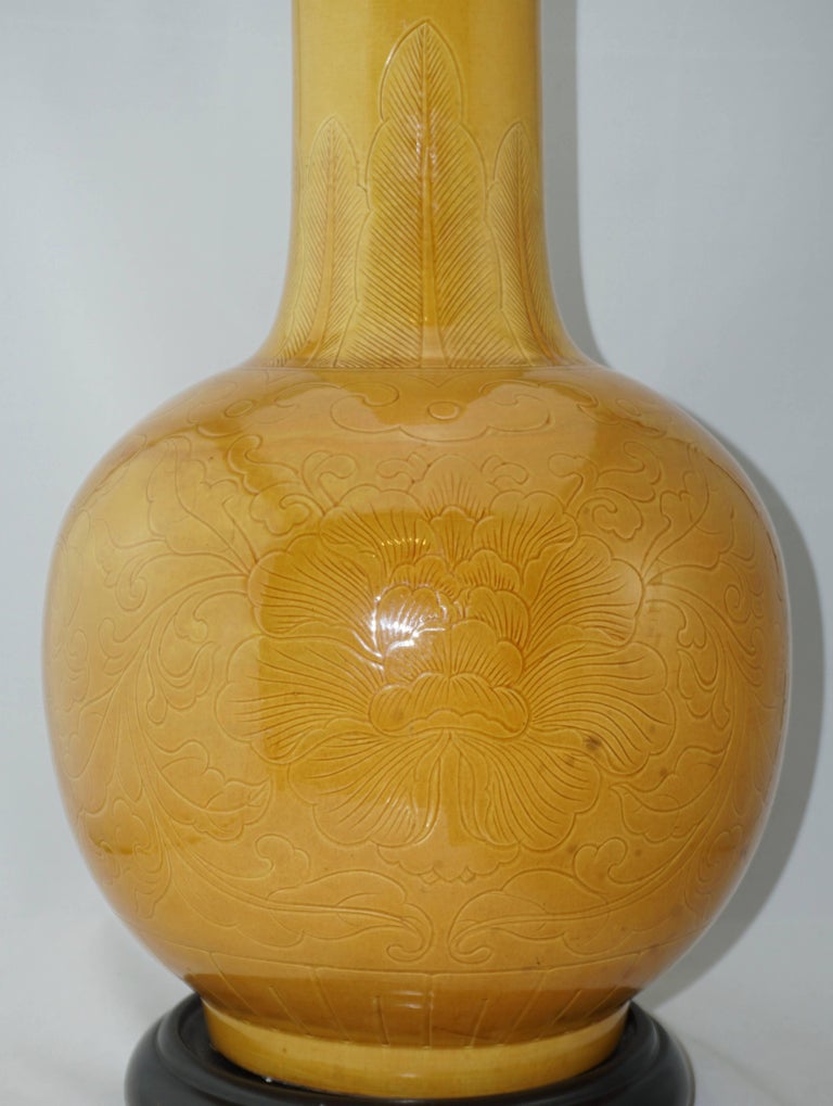 Monumental Chinese Qing Glazed and Lotus Incised Stick Neck Vase at 1stDibs
