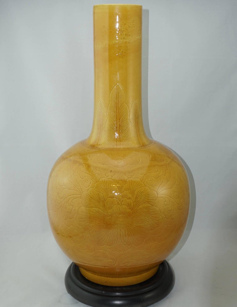 Monumental Chinese Qing Glazed and Lotus Incised Stick Neck Vase at 1stDibs