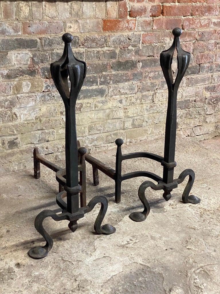 Monumental American Arts and Crafts Andirons and Tools Manner of Samuel ...