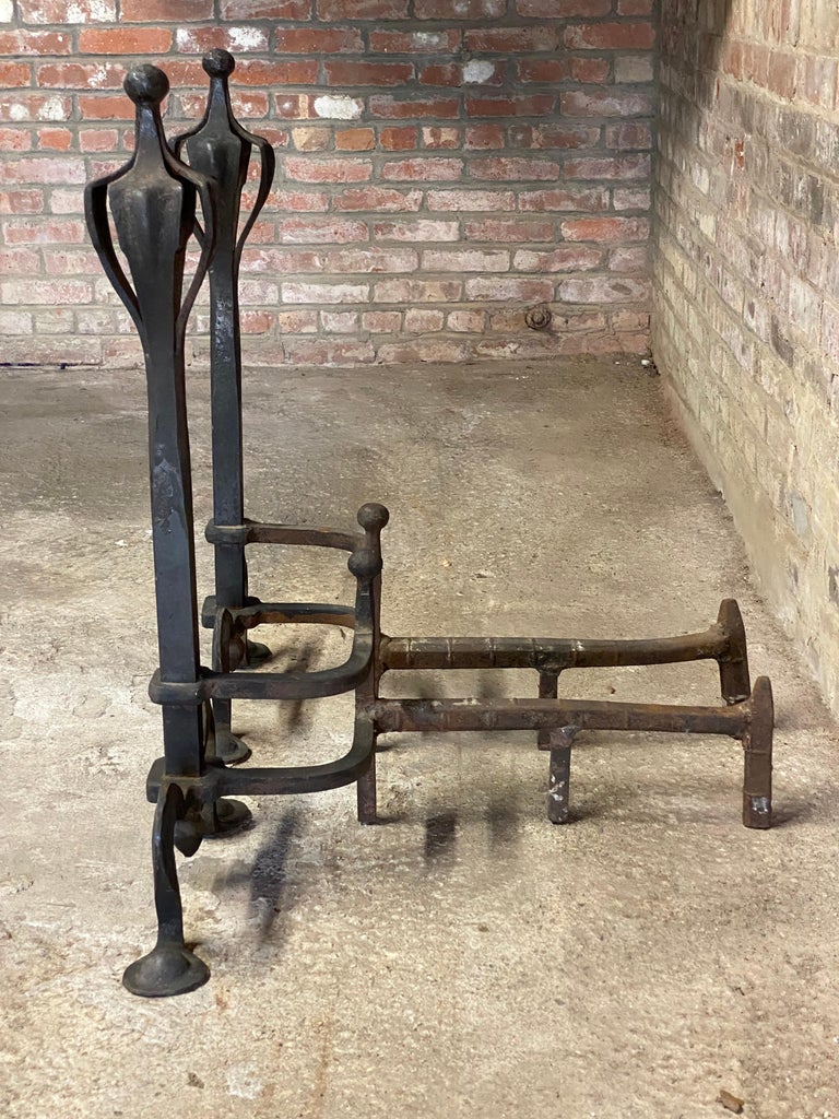 Monumental American Arts and Crafts Andirons and Tools Manner of Samuel ...