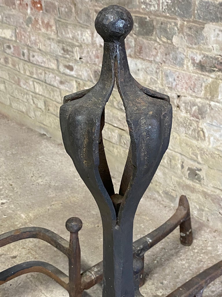 Monumental American Arts and Crafts Andirons and Tools Manner of Samuel ...