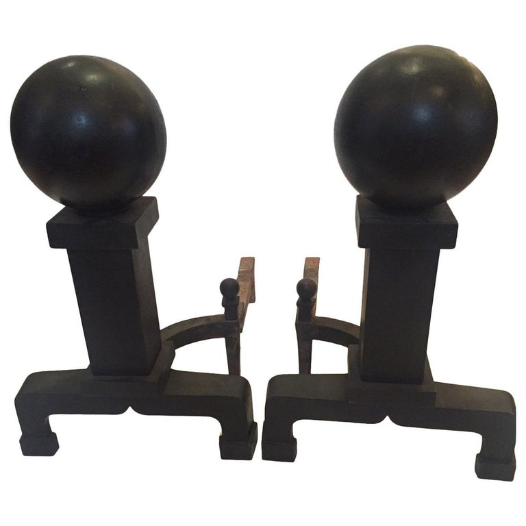 Monumental and Masculine Cannonball Iron Andirons at 1stDibs