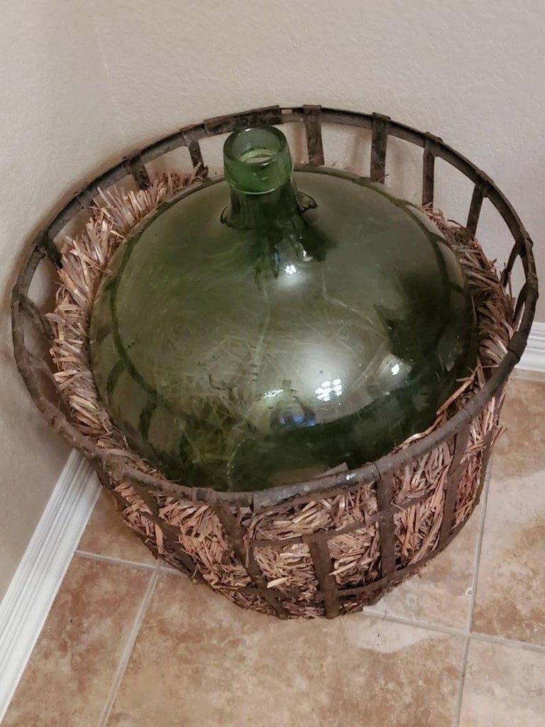 Monumental Antique French Demijohn and Vintner Iron Basket at 1stDibs