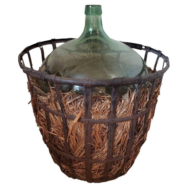 Monumental Antique French Demijohn and Vintner Iron Basket at 1stDibs
