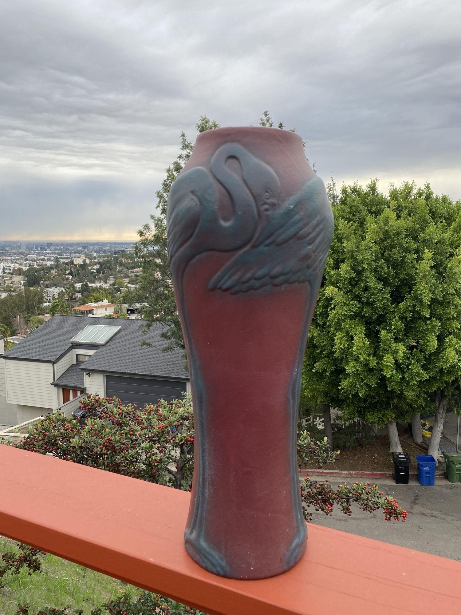 Monumental Art Nouveau Mulberry Flamingo Vase by Van Briggle For Sale ...