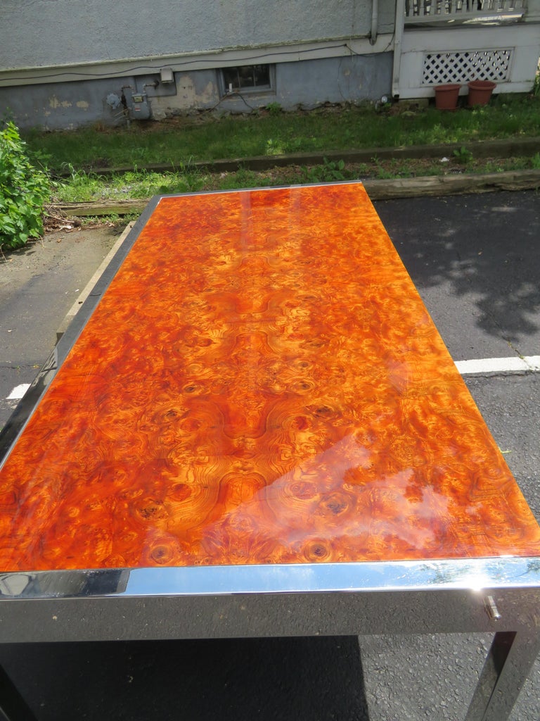 Monumental Burl and Stainless Steel Executive Desk by Leon Rosen for ...