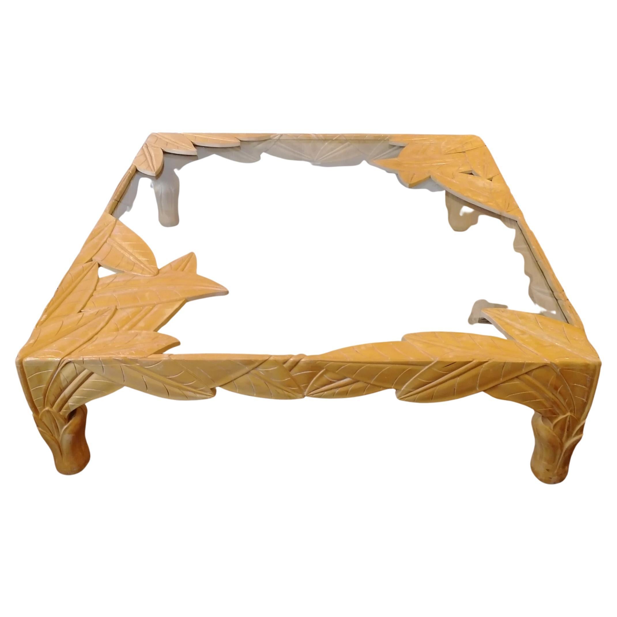 Monumental carved wood leaves coffee table with inset glass top, USA 1980s For Sale at 1stDibs