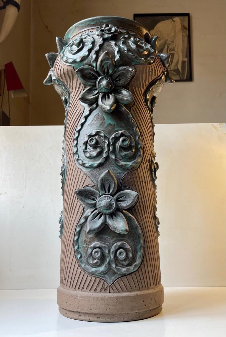 Monumental Ceramic Floor Vase with Green Flowers by Flemming Ross ...