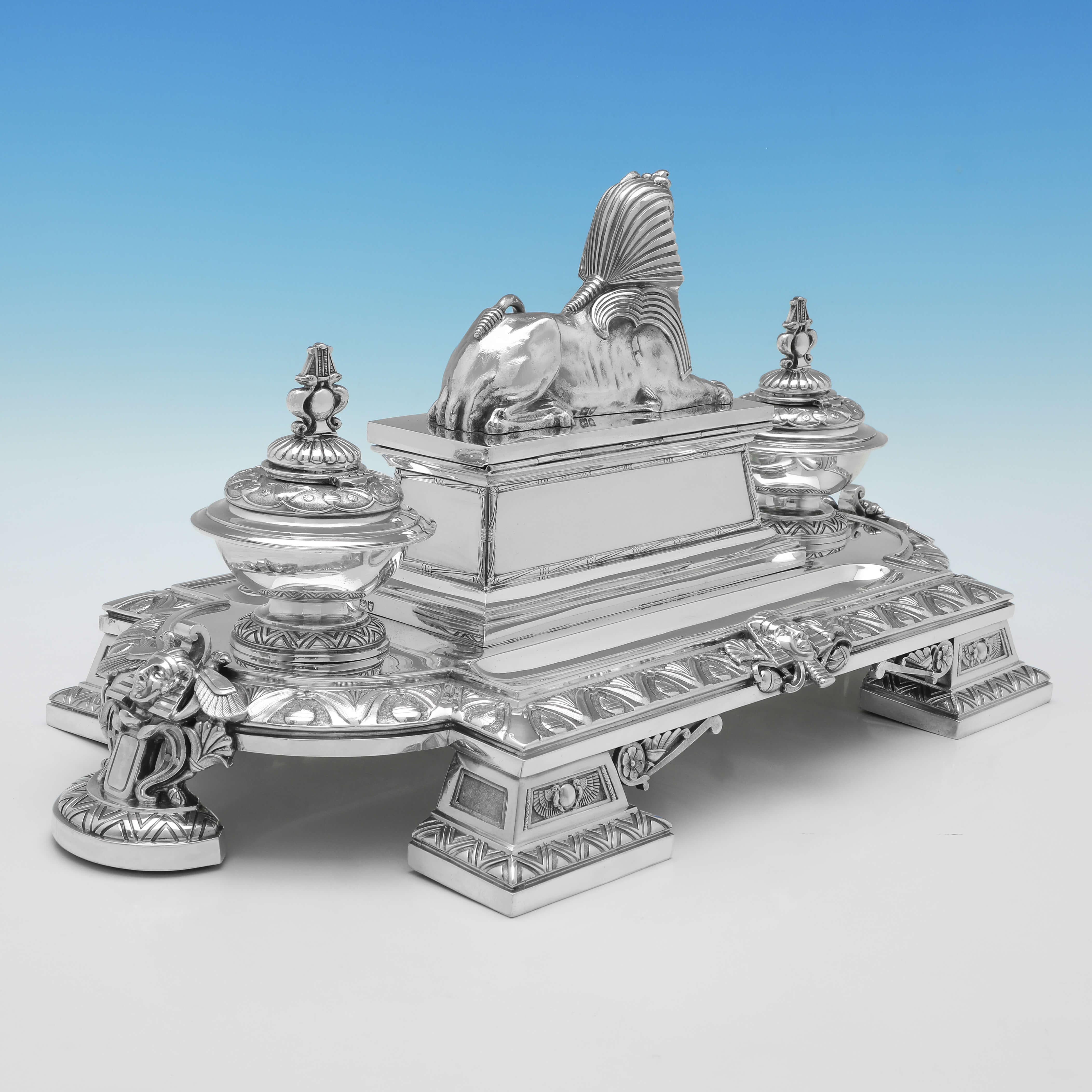 Monumental Edwardian Sterling Silver Ink Stand - Egyptian Revival ...