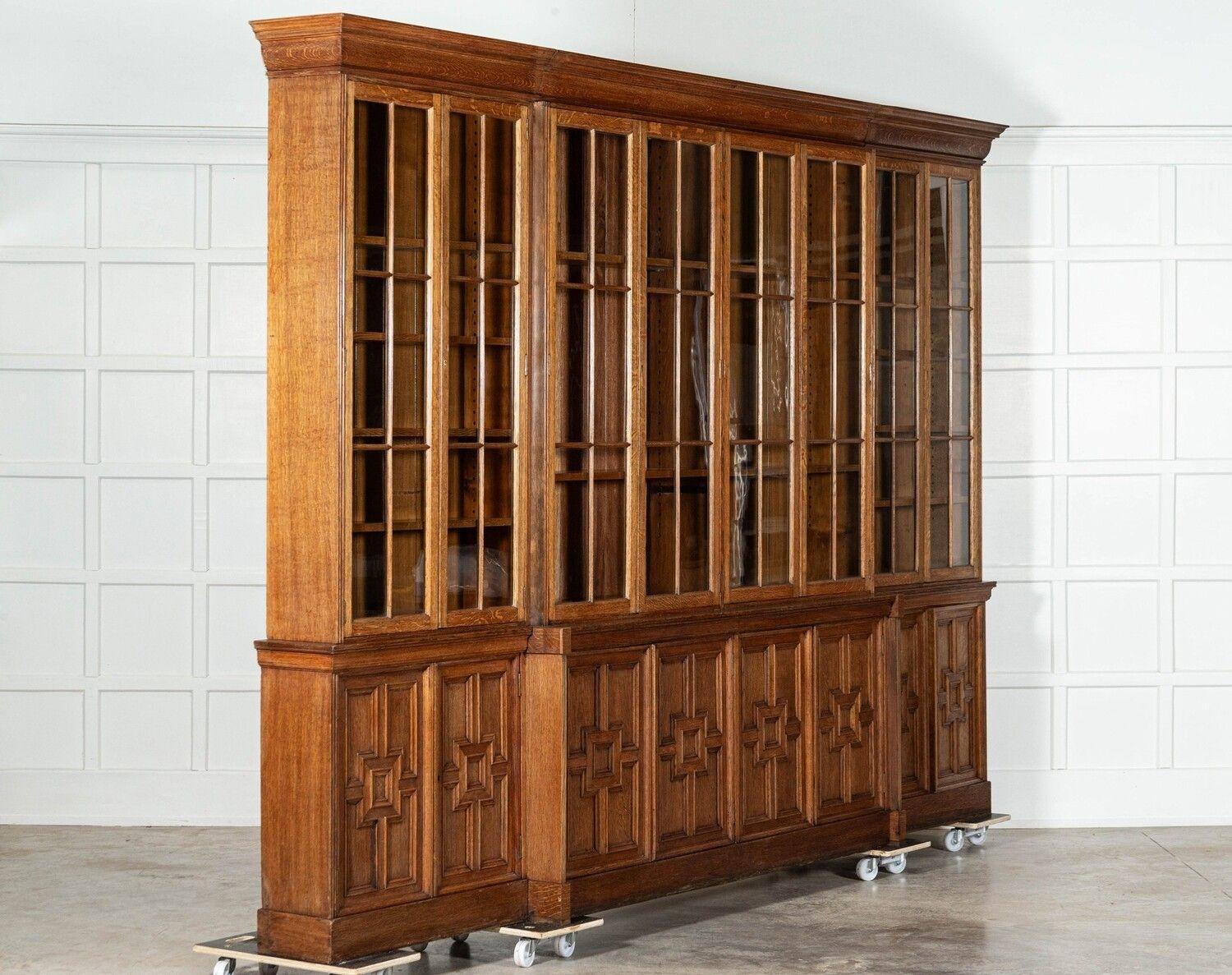 Monumental English Oak Glazed Breakfront Bookcase Cabinets For Sale at ...