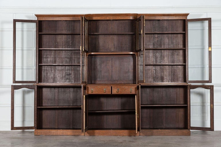 Monumental English Oak Glazed Breakfront Display Cabinet / Bookcase For ...