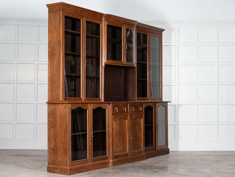 Monumental English Oak Glazed Breakfront Display Cabinet / Bookcase For ...