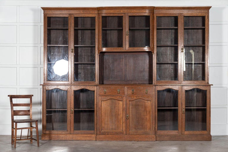 Monumental English Oak Glazed Breakfront Display Cabinet / Bookcase For ...