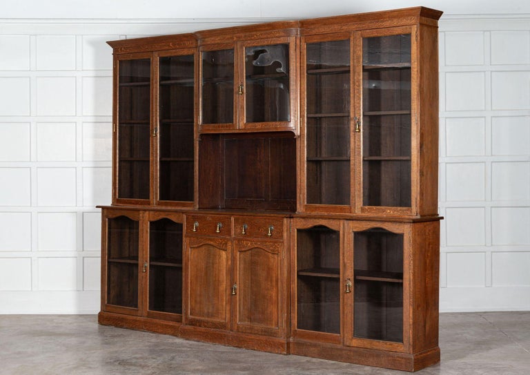 Monumental English Oak Glazed Breakfront Display Cabinet / Bookcase For ...