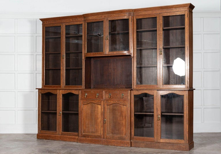 Monumental English Oak Glazed Breakfront Display Cabinet / Bookcase For ...