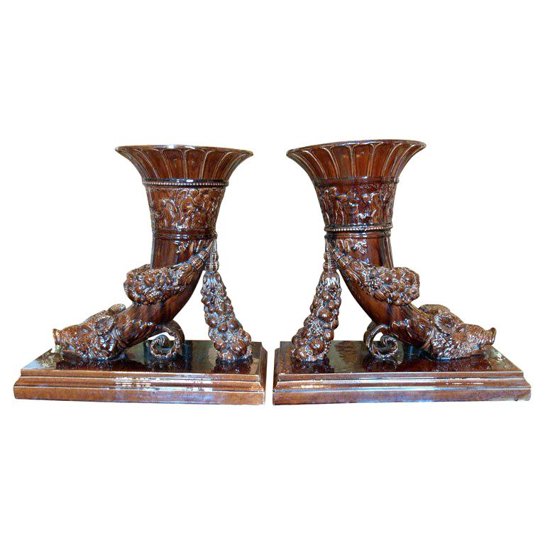 MONUMENTAL GLAZED POTTERY CORNUCOPIA VASE For Sale at 1stDibs
