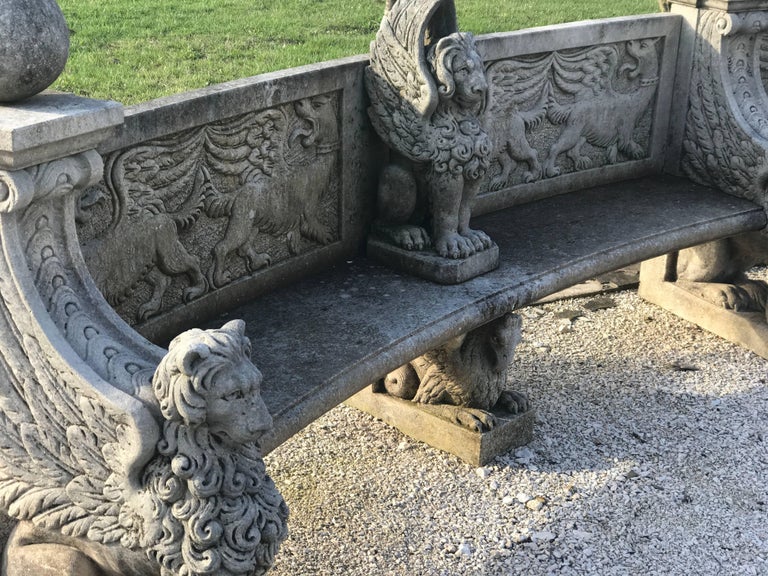 Monumental Italian Semi Circular Finely Carved Stone Bench at 1stDibs