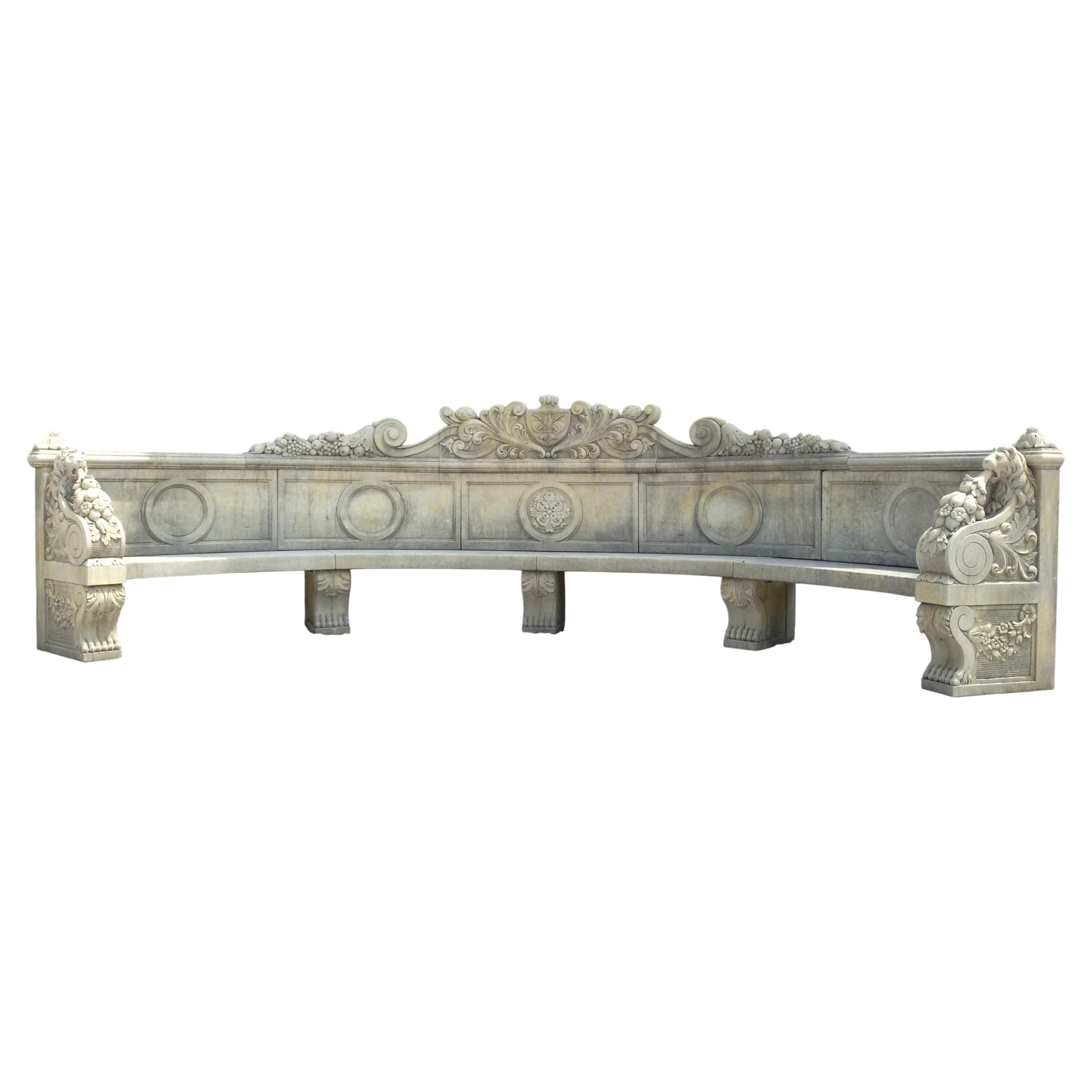 Monumental Italian Semi Circular Large Lime Stone Bench For Sale at 1stDibs