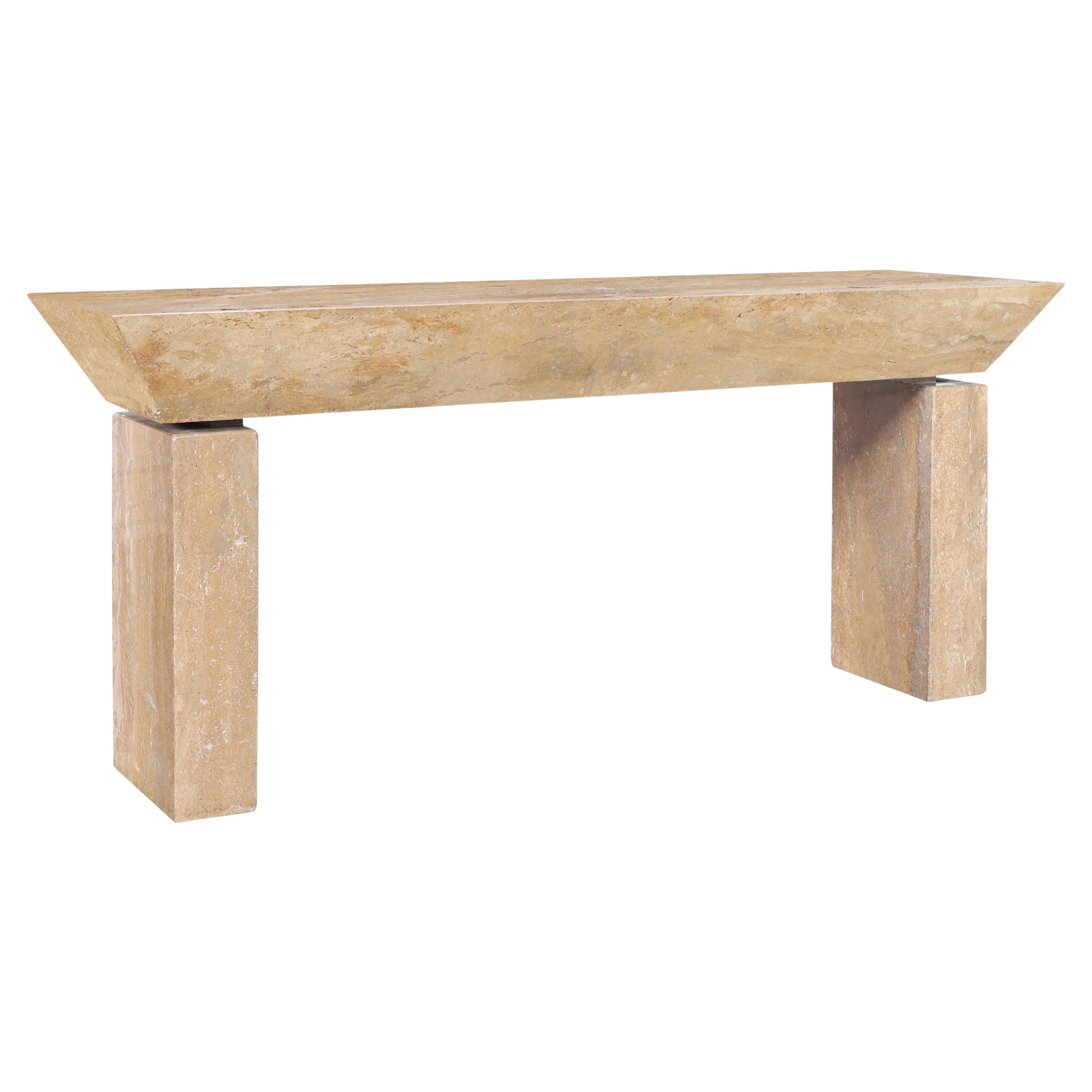 1970s Monumental Carved Wood Parchment Travertine Console Table Desk ...