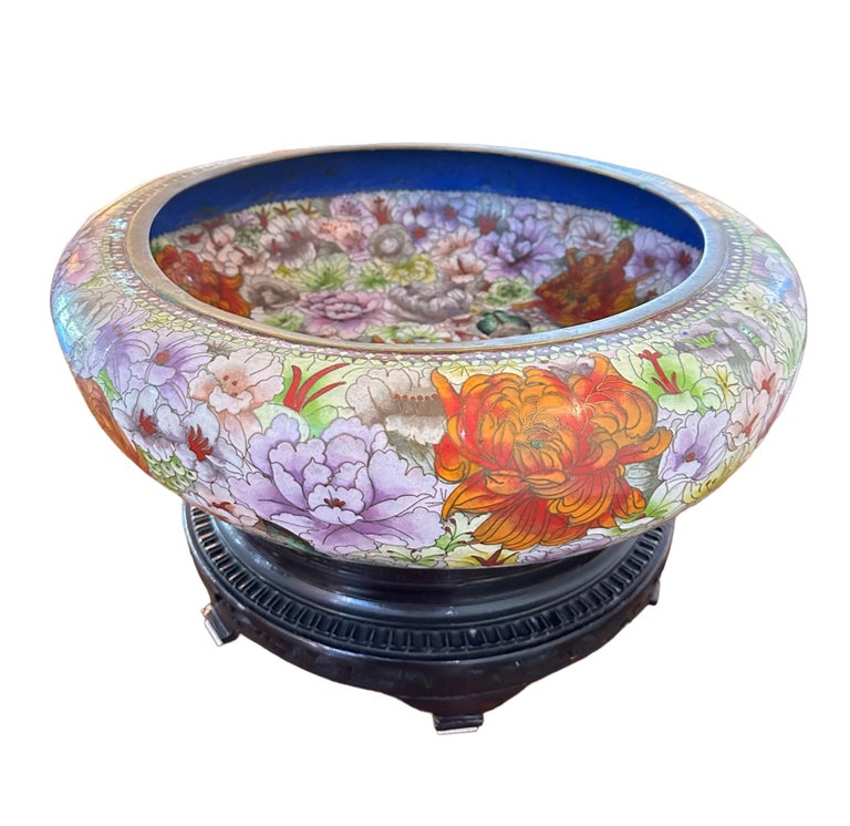 Monumental Mid Century Cloisonne Floral Lavender Bowl For Sale at 1stDibs