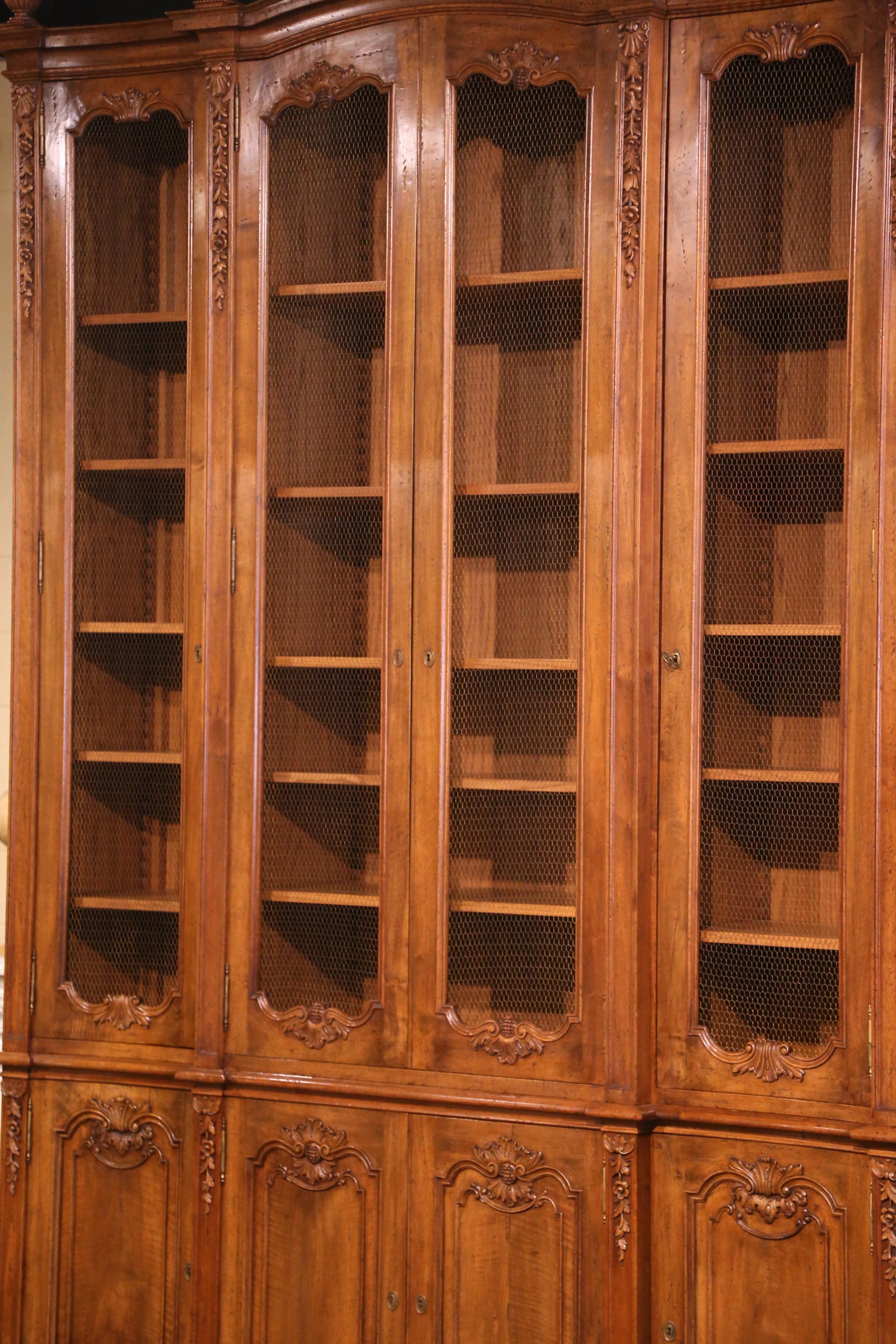 French Louis XIV Carved Walnut and Wire Four-Door Bookcase Cabinet For ...