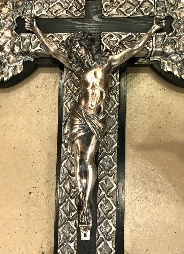 Monumental Nickel Plated Copper Ornate Wall Crucifix on Ebonized Wood ...