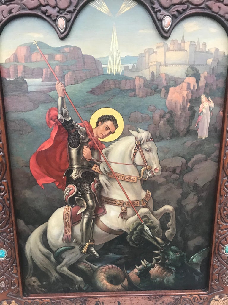 Monumental Oil on Canvas Icon, St. George, Art Deco, Russian Order ...