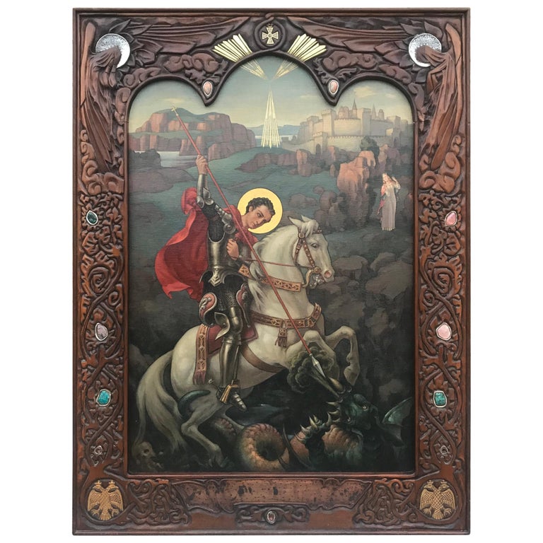 Monumental Oil on Canvas Icon, St. George, Art Deco, Russian Order ...