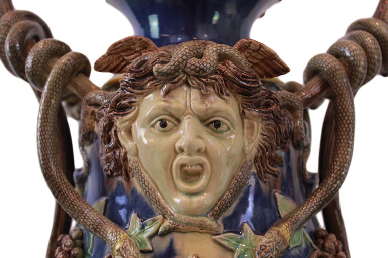 Monumental Pair Majolica Palissy Blue Medusa Vases, Snakes, School of ...