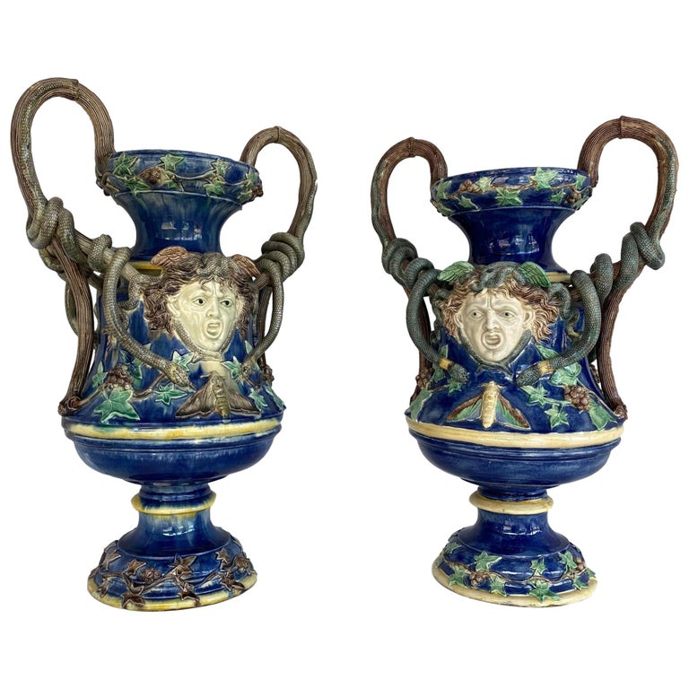 Monumental Pair Majolica Palissy Blue Medusa Vases, Snakes, School of ...