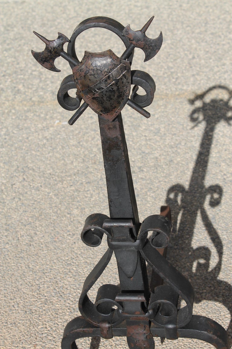 Monumental Pair of Forged Iron Spanish Revival Andirons For Sale at 1stDibs
