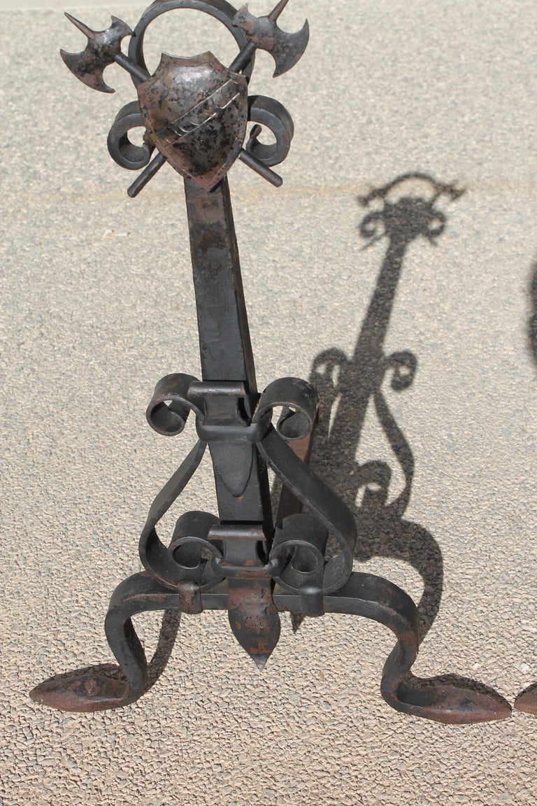 Monumental Pair of Forged Iron Spanish Revival Andirons For Sale at 1stDibs