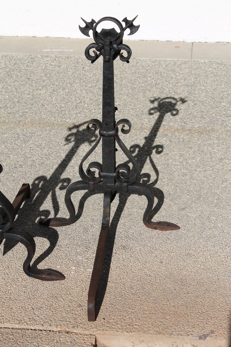 Monumental Pair of Forged Iron Spanish Revival Andirons For Sale at 1stDibs