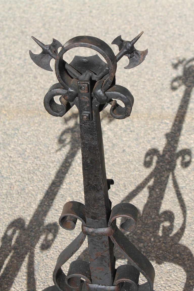 Monumental Pair of Forged Iron Spanish Revival Andirons For Sale at 1stDibs