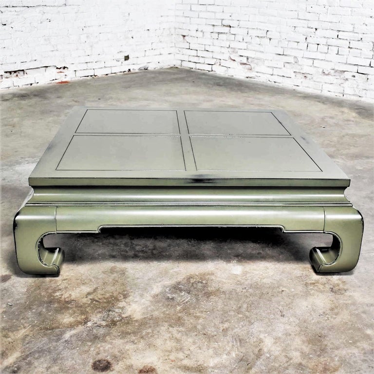 Monumental Square Asian Ming Style Lacquered Coffee Table in Sage Green ...