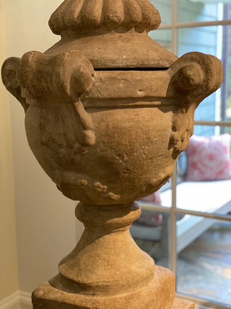 Monumental Stone Capped Urn on Pedestal For Sale at 1stDibs