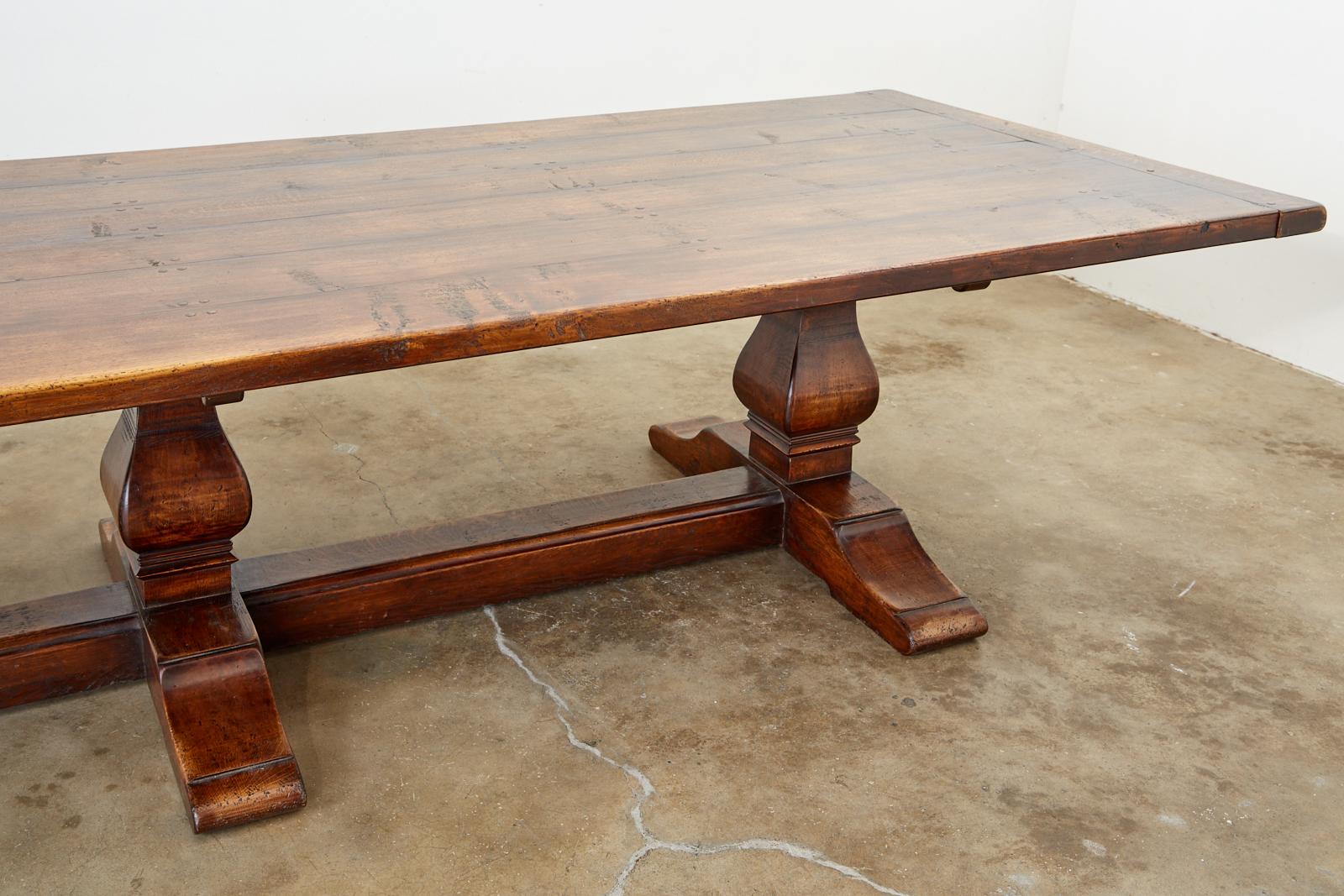 Monumental Triple Pedestal Oak Trestle Dining Table at 1stDibs