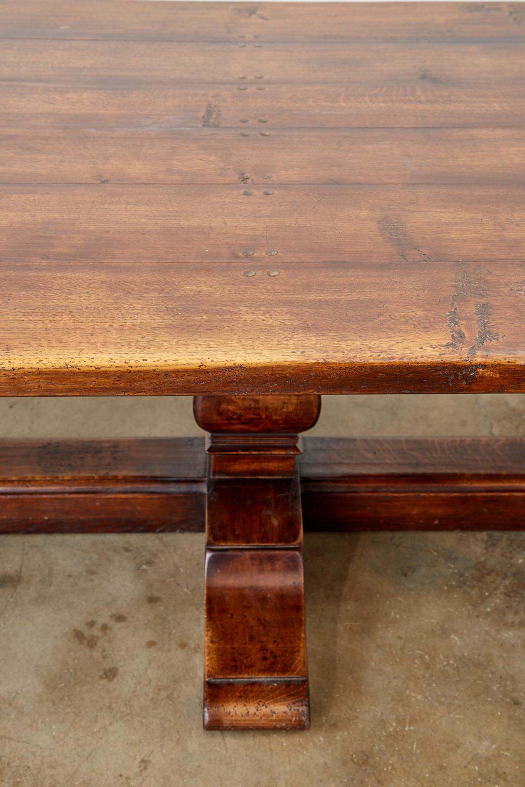 Monumental Triple Pedestal Oak Trestle Dining Table at 1stDibs