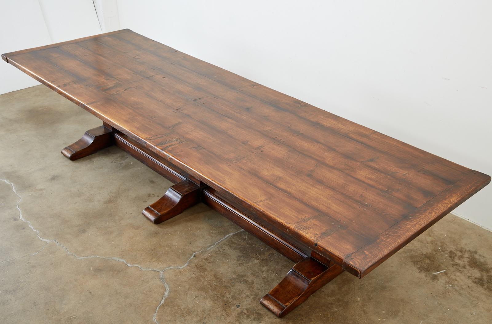 Monumental Triple Pedestal Oak Trestle Dining Table at 1stDibs