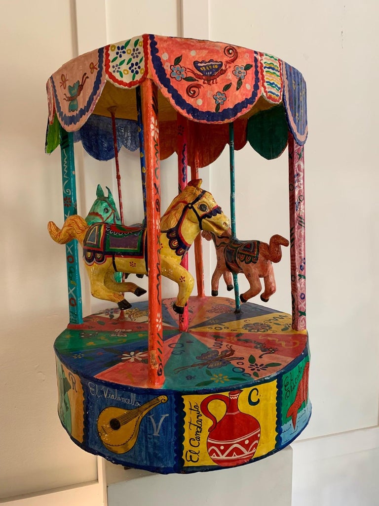Monumental Vintage Mexican Folk Art Carousel Sculpture For Sale at 1stDibs