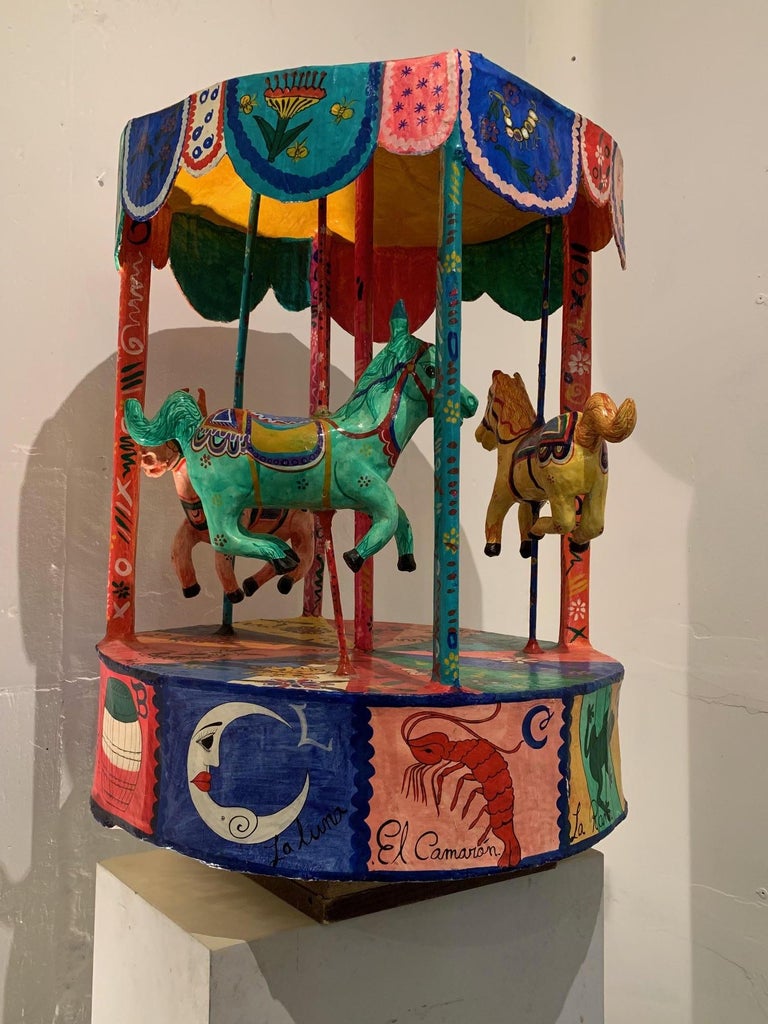 Monumental Vintage Mexican Folk Art Carousel Sculpture For Sale at 1stDibs