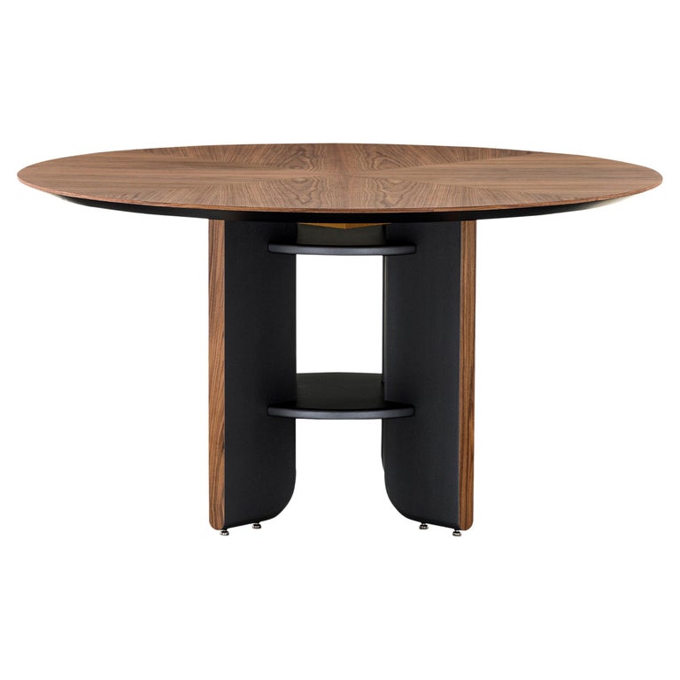 Moon Round Dining Table with Walnut Veneered Top and Black Wood Legs ...
