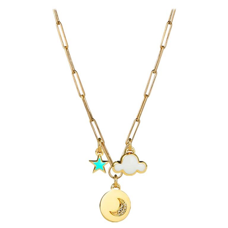 Star Coin, Star, Cloud and Moon Pendant Necklace, 14K Yellow Gold with ...