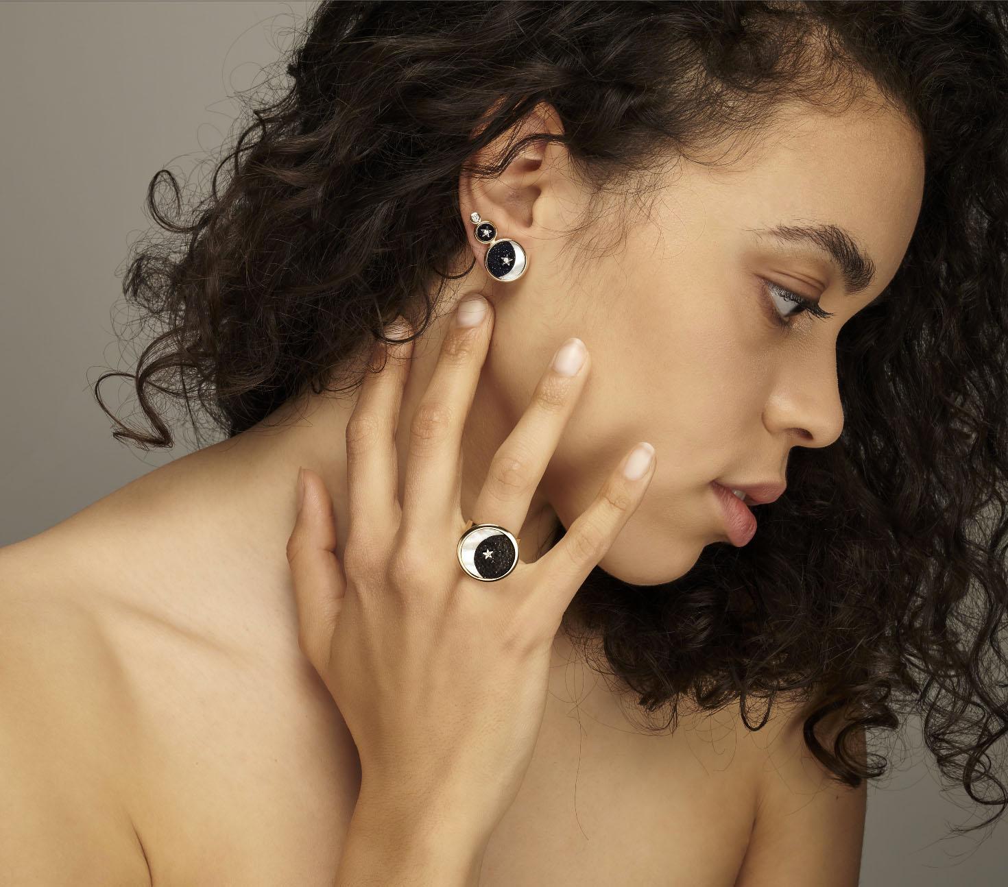 Moon Phase 18kt Gold Ear Cuff with Mosaic Mop, Aventurine and White ...